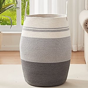 OIAHOMY Laundry Hamper Woven Rope Large Clothes Hamper 25.6" Height Tall Laundry Basket with Extended Handles for Storage Clothes Toys in Bedroom, Bathroom, Foldable (Dark Grey)