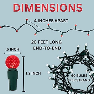LED Christmas Tree Lights 60 Count, G12 Globe Indoor Outdoor String Lights, 20ft Green Wire Mini Ball, UL Certified (Red)