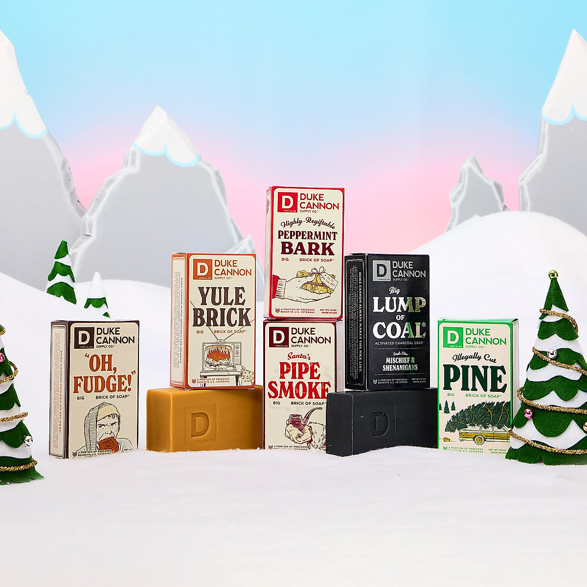 Duke Cannon Supply Co. Six Big Ass Bricks of Holiday Soap Bars Bundle for Men (Mall Santa's Cough Syrup, Rudolph's Night Cap, Lump of Coal, Frothy, Cut Pine, All Brandy Eggnog) 10 oz (Variety 6 Pack)