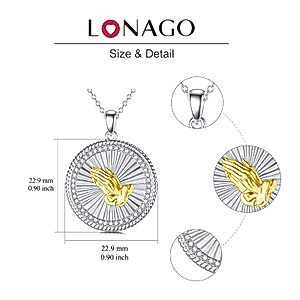 LONAGO Serenity Prayer Necklace with Praying Hands Coin Pendant, Praying Hands and Lord's Prayer Medal Pendant Necklace for Women