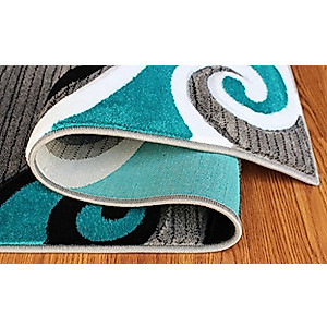 Masada Rugs, Sophia Collection Hand Carved Area Rug Modern Contemporary Turquoise White Grey Black (2 Feet X 7 Feet 3 Inch) Runner