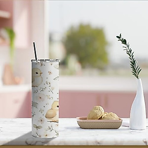Tumbler with Lid and Straw Cartoon Bird and Flowers thermos coffee travel mugcute cups 20 oz insulated tumbler for Daily Holiday Decor Gift coffee cup