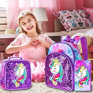 TXHVO 3PCS Unicorn Backpack for Girls, 16" Sequin Kids Bookbag with Lunch Box, School Backpacks for Elementary Preschool Preschool- Purple