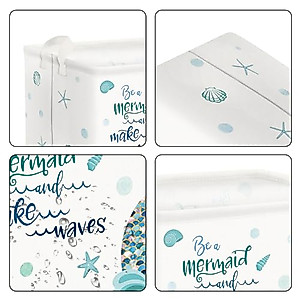 Clastyle Blue Mermaid Storage Basket for Girls Rectangle Starfish Shell Shelf Basket Clothes Books Toy Storage Cube, 36L