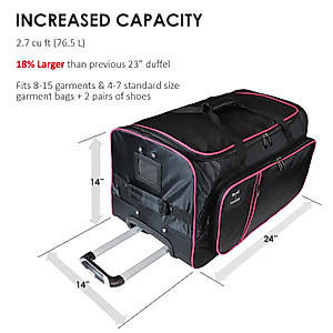 Travolution Dance Bag with Garment Rack, 24 Inch Rolling Duffel With Wheels, Ideal for Competitions & Travel, Easy-assembly Lightweight Aluminum Clothes Rack, Wheeled Upright Luggage, Black/Pink