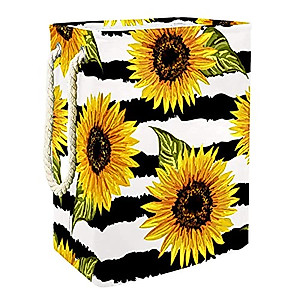 DEYYA Waterproof Laundry Baskets Tall Sturdy Foldable Sunflowers White Black Stripe Print Hamper for Adult Kids Teen Boys Girls in Bedrooms Bathroom