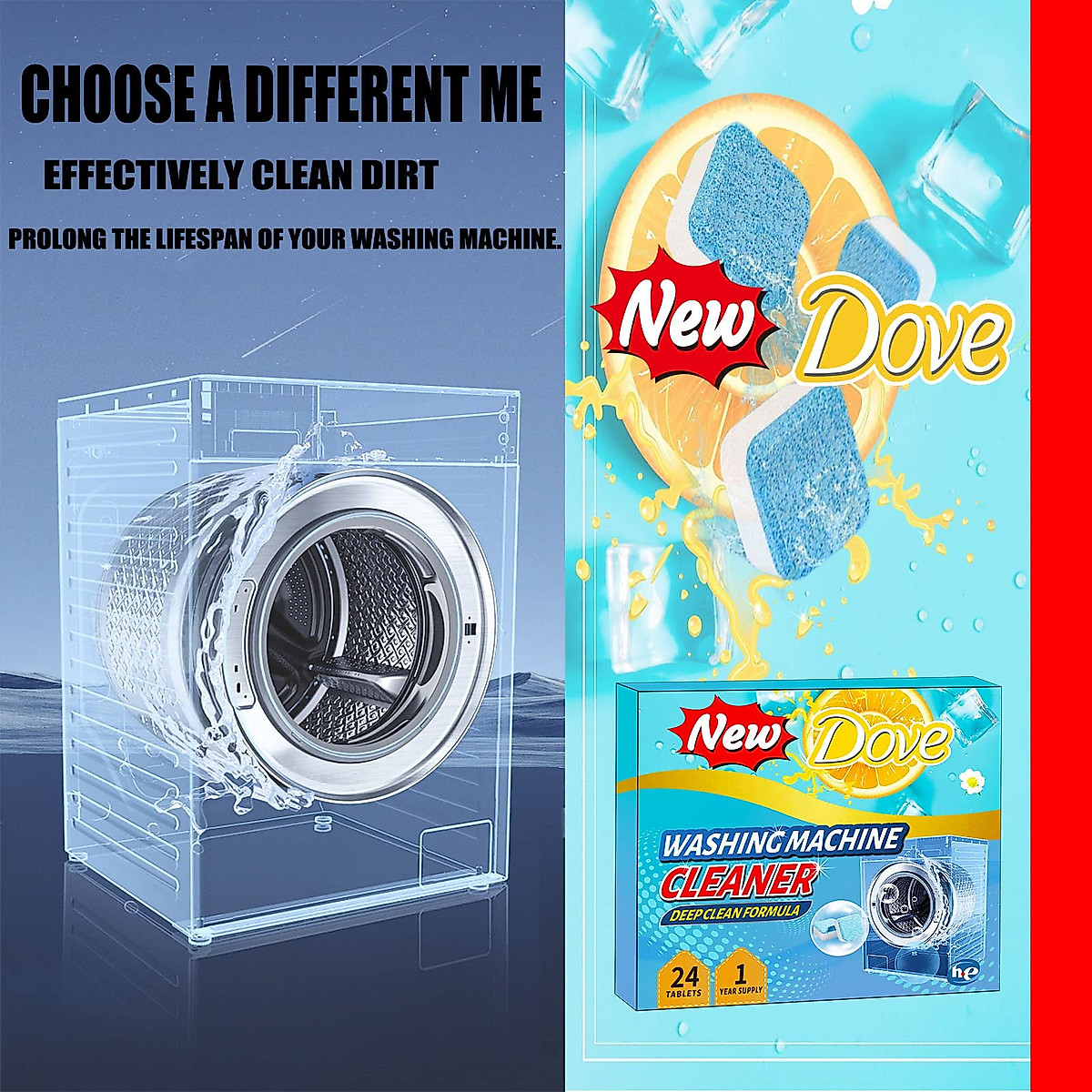 New Dove Dishwasher Cleaner Tablets, Front Load and Top Loader Machine Cleaner, 24PCS*2 Washer Cleaner Tablets, Washer Cleaner That can be Used for 1 Year