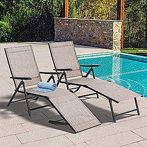 Vongrasig Patio Double Chaise Lounge Chairs Set of 2, Outdoor Adjustable Steel Textiline Folding Reclining Lounge Chair Outdoor Lay Out Chairs for Lawn Garden Pool Beach Yard, Brown