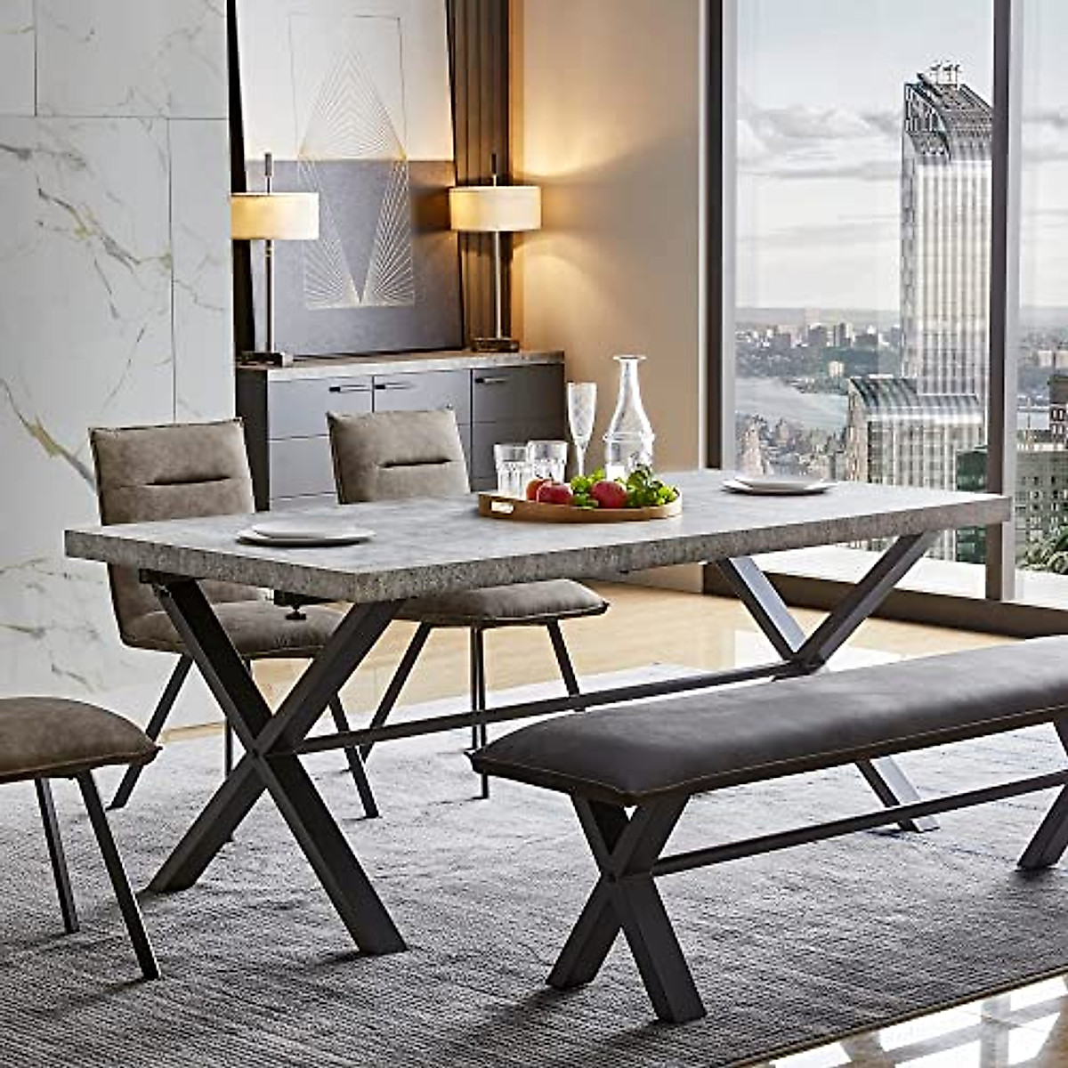 Acanva Expandable Dining Table for 6-8 Seat, Modern Rectangle Design with Extension Leaf for Kitchen Restaurant, Thicker Top and Carbon Steel Pedestal, 74.9''(+40)Wx37''Dx30''H, Dark Grey