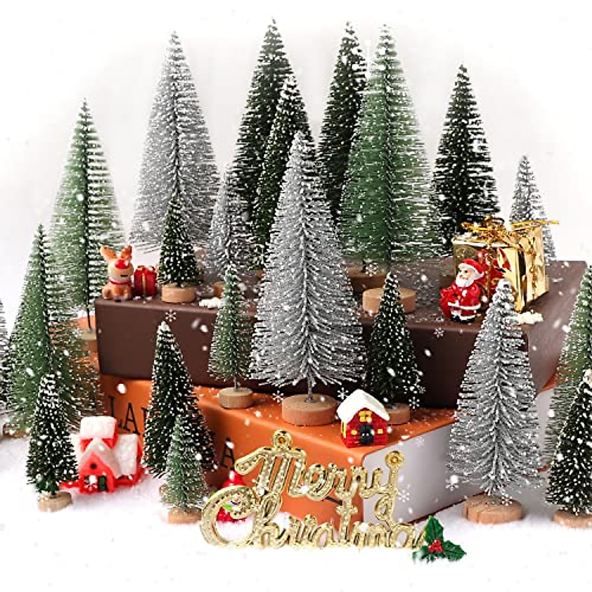 30Pcs Mini Christmas Trees - Artificial Christmas Tree Bottle Brush Trees Christmas with 5 Sizes, Sisal Snow Trees with Wooden Base for Christmas Decor Christmas Party Home Table Craft Decorations (2)