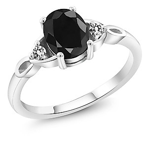 Gem Stone King 925 Sterling Silver Black Sapphire & White Diamond 3-Stone Rings | 1.73 Cttw | Oval 8X6MM | 3 Stone Wedding Engagement Anniversary Promise Ring For Women (Size 6)