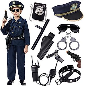 Police Dress Up Costume Set Shirt, Pants, Hat, Belt, Whistle, Gun Holster and Walkie Talkie (Small (5-7 year))