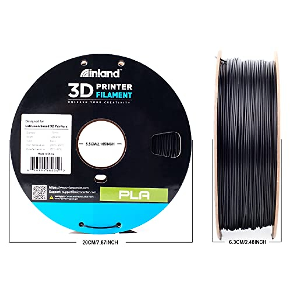 INLAND PLA 3D Printer Filament - 3D Printing PLA Filament 1.75mm, Dimensional Accuracy +/- 0.03mm - 1kg Cardboard Spool (2.2 lbs), Black PLA