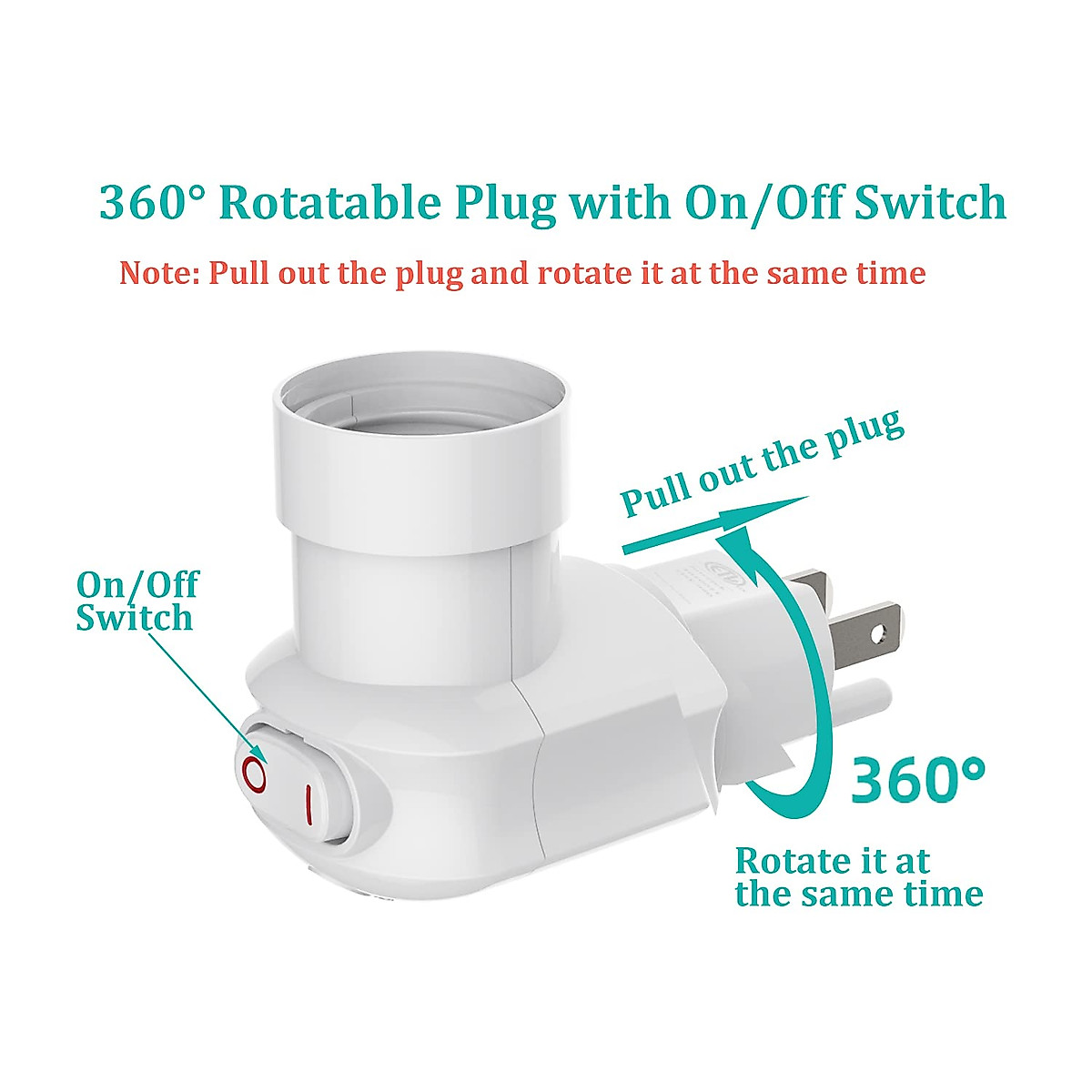 Borju Plug in Light Socket, Outlet to Socket Adapter, 360° Rotatable Plug with On/Off Switch, ETL Listed, White