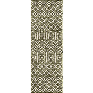 Unique Loom Outdoor Trellis Collection Area Rug - Tribal Trellis (2' x 8' Runner, Green/ Natural)