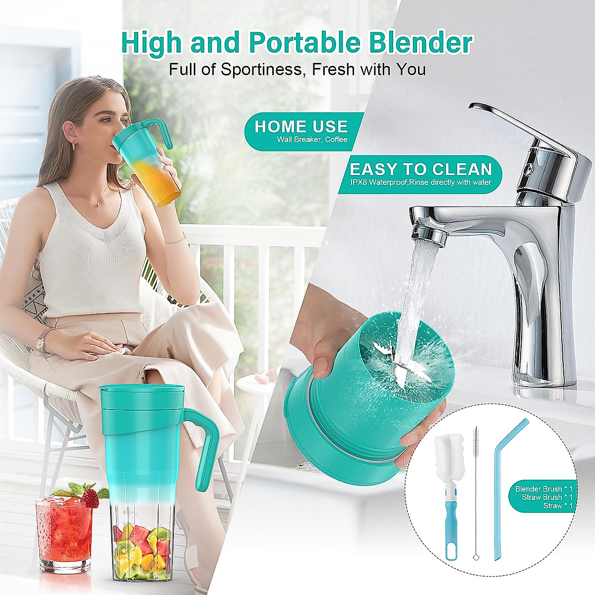 Portable Blender for Shakes and Smoothies, 16 Oz Mini Blender cup, HUIJUTCHEN Personal Blender with Six Blades USB Rechargeable Juicer Blender Cup for Baby Food Travel Kitchen, 470ML Green