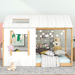 Twin Size Montessori Bed Frame, Twin Size House Floor Bed Frame with Headboard, Roof and Window, Wood Montessori Floor Bed for Kids, Twin Size Bed Frame Natural Antique White