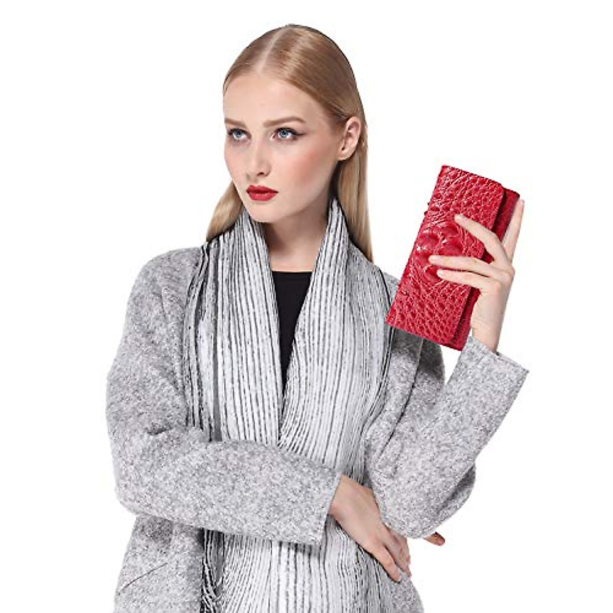 PIJUSHI Women Leather Wallet Embossed Crocodile Clutch Wallets for Women Card Holder Organizer (8013, red)