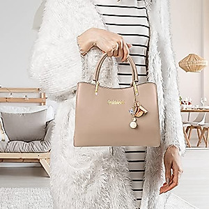 Satchel Purses and Handbags for Women, 3 Compartment Hand Bags with Charms, Pu Leather Ladies pocketbooks for women, Khaki