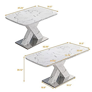 Leavader Modern Square Dining Table - 63" Expandable Dining Table with Marble White Table Top & X-Shaped Leg, Rectangular Dining Table for Home Kitchen Office