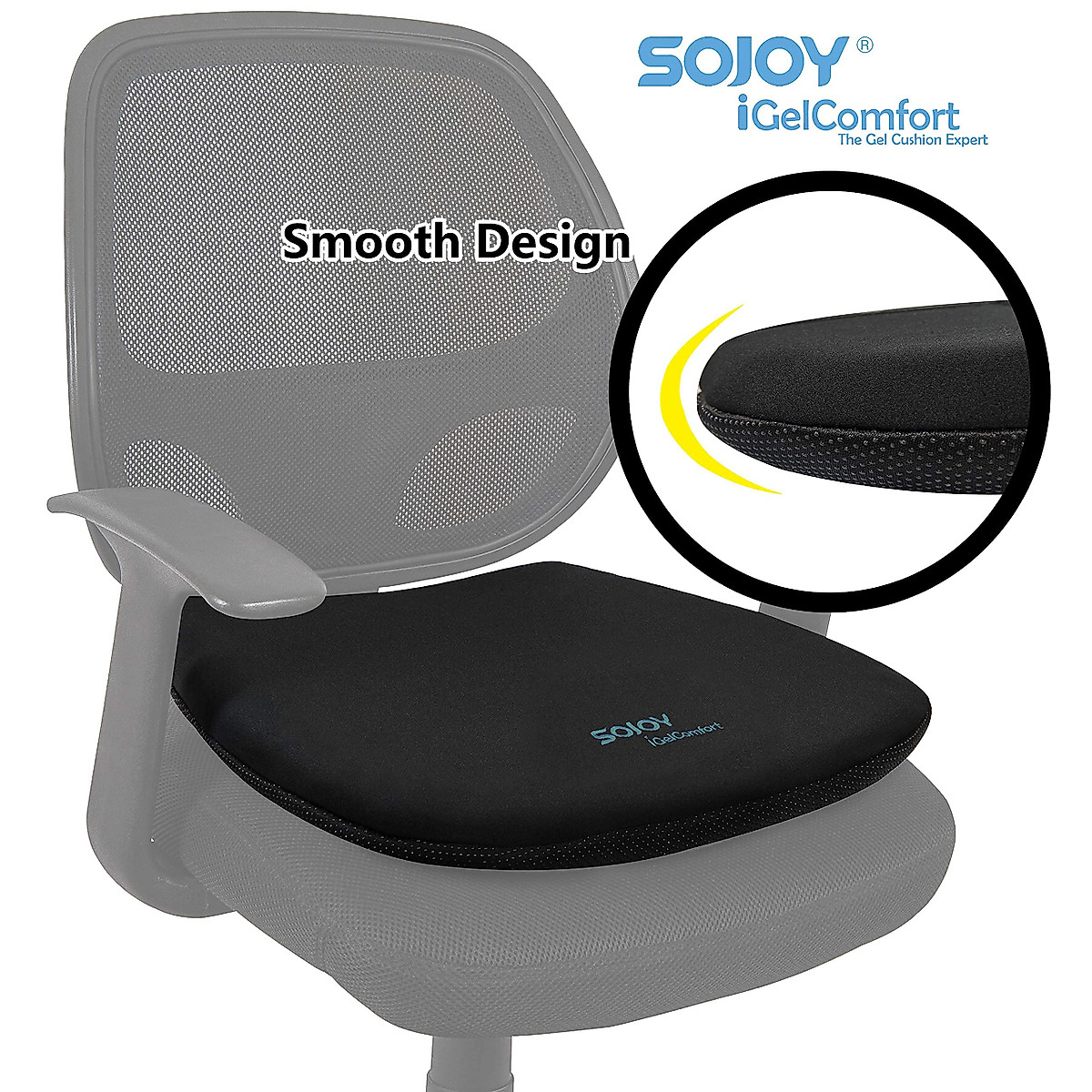 Sojoy iGelComfort Support Gel Seat Cushion with Memory Foam Portable Enhanced Chair Pad(Car/Office Chair/Truck/Home/Wheelchairs/Outside Sports Camping) (Black) (16 x 18 x 2inches)