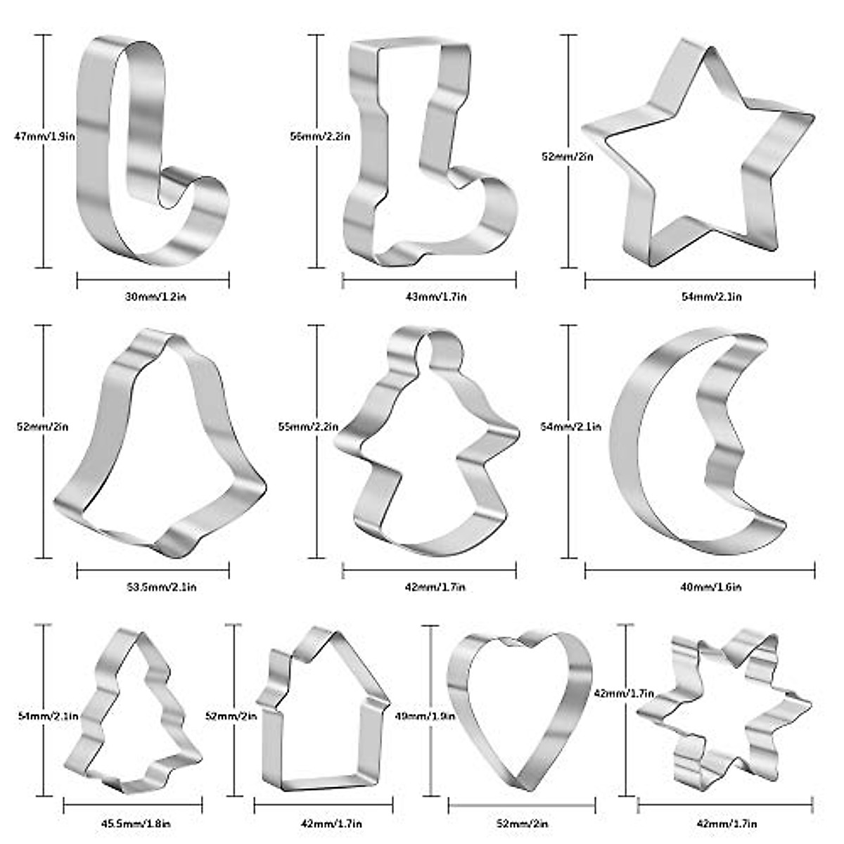 Christmas Cookie Cutters, 10 Pcs 2 Inches Stainless Steel for Xmas/Holiday/Party Supplies/Gifts-Snowflake, Bell, Christmas Tree, Star, Moon, Angle, Heart & More Cookie Cutters Christmas Shapes