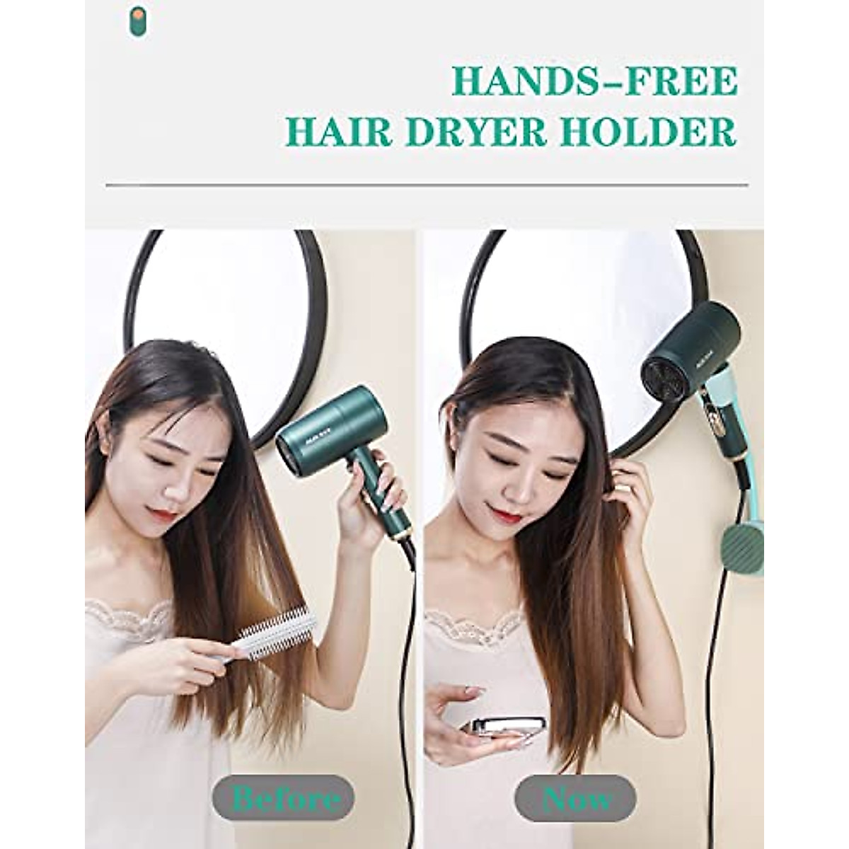 Hands Free Wall Mounted Hair Dryer Stand Holder, Drilling-Free Blow Dryer Holder with 3M VHB Tape, 360° Rotation with Adjustable Arm, Bathroom Organizer Accessories and Shower Caddy