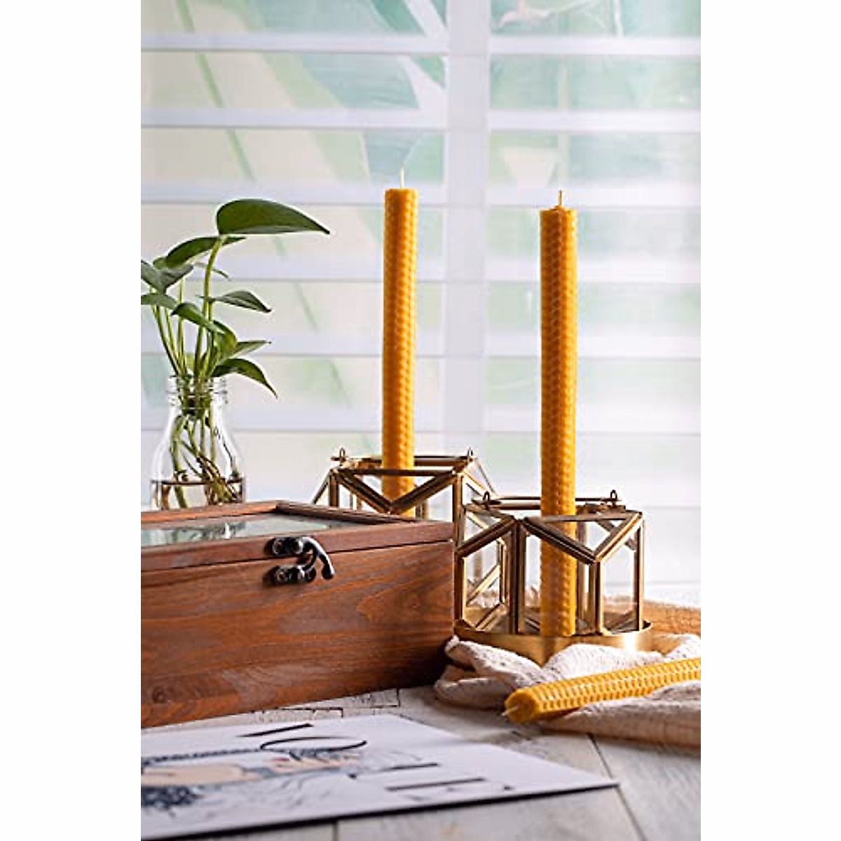 Pure Taiwan Beeswax Handmade Taper Candles (Fair Trade City, Taipei) - 10 Inch - Natural Subtle Honey Smell - Taiwanese Tapers (Yellow)