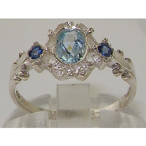 LetsBuyGold 925 Sterling Silver Natural Aquamarine and Sapphire Womens Promise Ring - Size 7.5