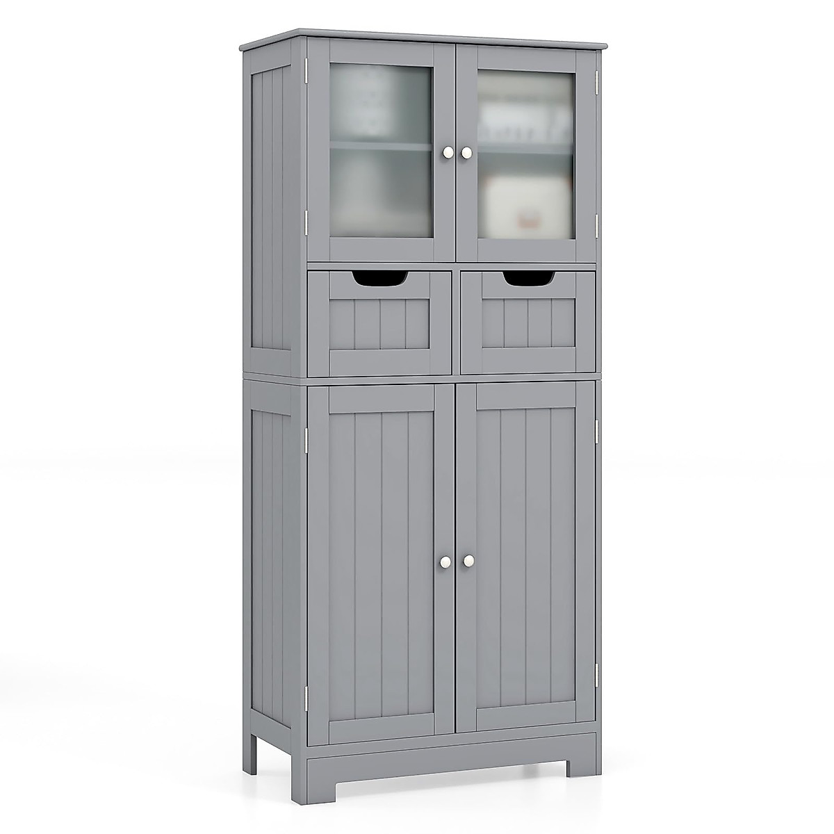 Giantex Bathroom Floor Storage Cabinet - Freestanding Cabinet with 2 Glass Doors, 2 Drawers & Adjustable Shelves, Multifunctional 50.5” Tall Storage Organizer Cupboard for Kitchen, Living Room (Gray)