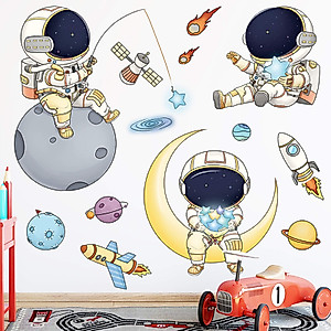 Astronaut Wall Stickers for Boys Bedroom, DILIBRA Cartoon Spaceman Outer Planet Creative DIY Art Vinyl Removable Wall Decal, Star Spaceship UFO Glaxy Wallpaper Decor for Kid’s Room Nursery
