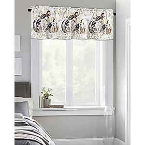 Window Curtain Valances for Kitchen Windows,Fall Flower Texture Ceramic Pumpkin Rod Pocket Short Window Valance Gold Line Leaves on White Treatment Valance for Living Room/Bathroom/Bedroom,42x18in