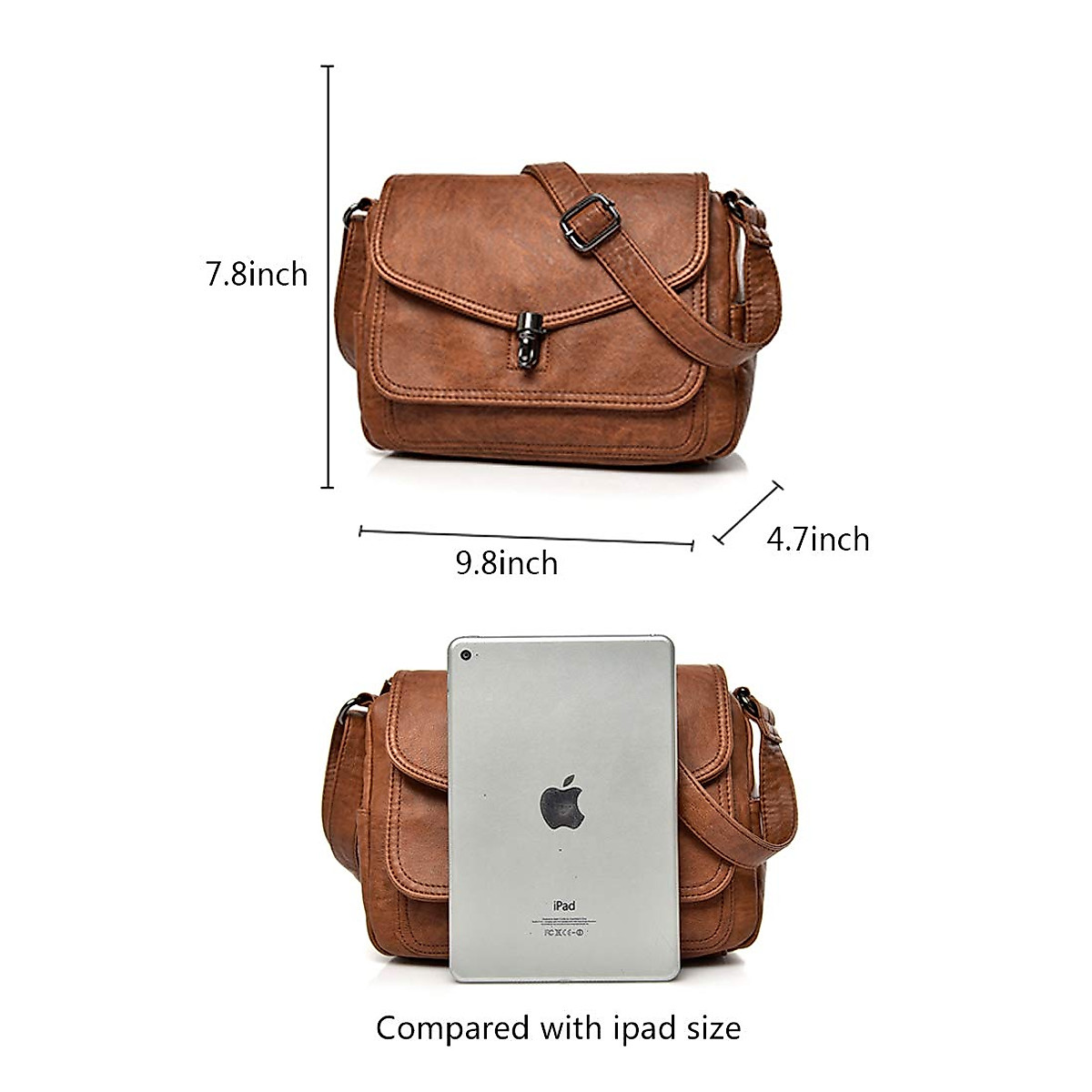 Alovhad Women Crossbody Bag Purse Muti Zip Pocket Leather Fashion Shoulder Bags (Brown)