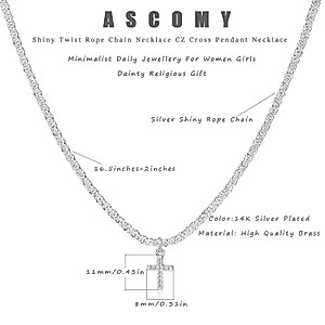 ASCOMY Silver Necklace for Women Silver Pendant Necklace 14K Silver Plated Shiny Twist Rope Chain Necklace CZ Cross Pendant Necklace Simple Necklace for women Girls Minimalist Jewellery Gift