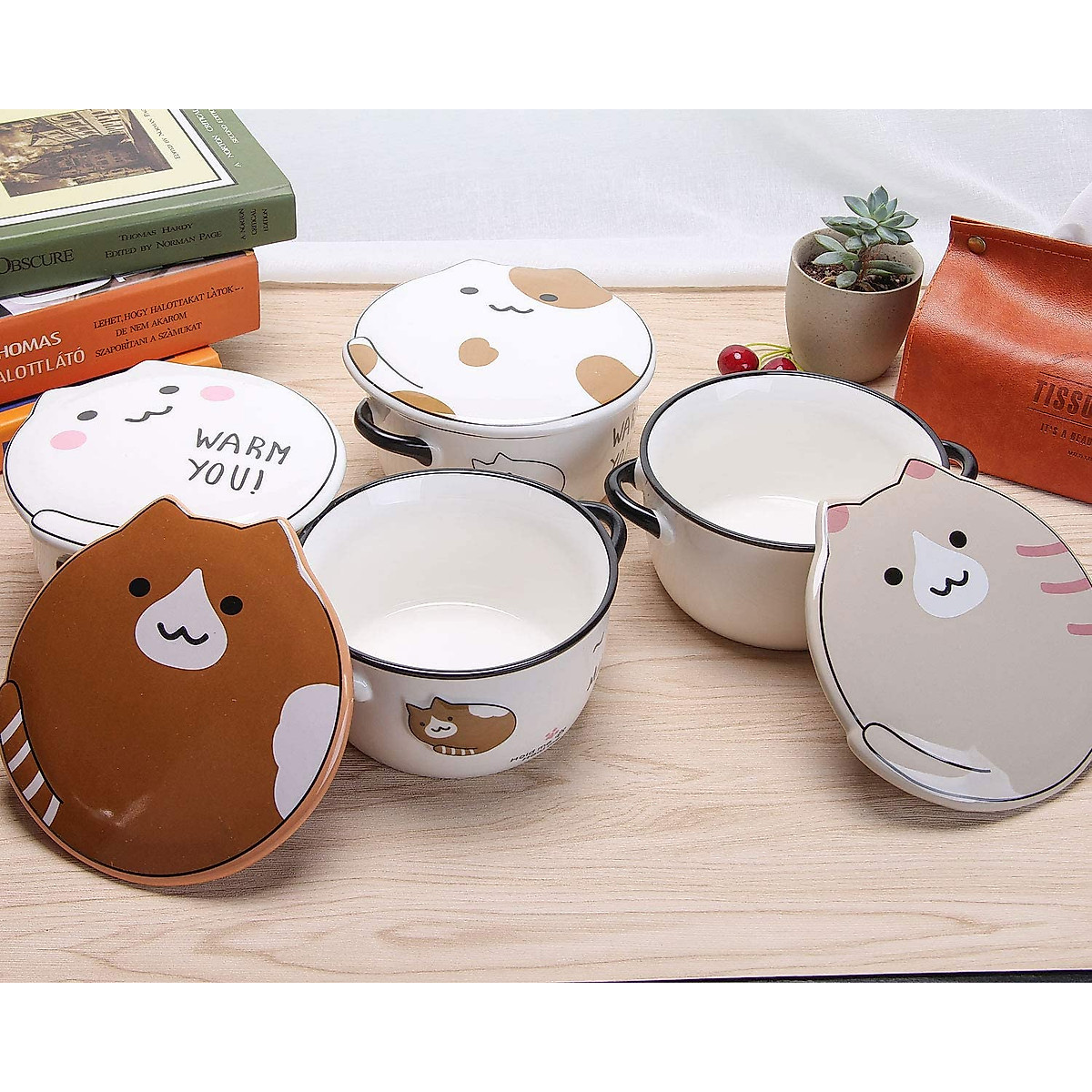 VanEnjoy Big Capacity 24oz 3D Cute Cartoon Microwave Ceramic Soup Cat Bowl Instant Noodle Bowl Cereal Bowl for Salad Fruit Vegetable with Ceramic Kitty Cat Lid and Handles (coffee)
