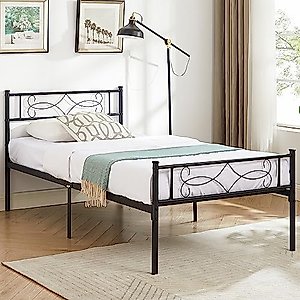 VECELO 14"Metal Platform Bed Frame with Headboard,Premium Steel Slat Support No Box Spring Needed,Noise-Free Anti-Slip,Easy Assembly(Twin size)