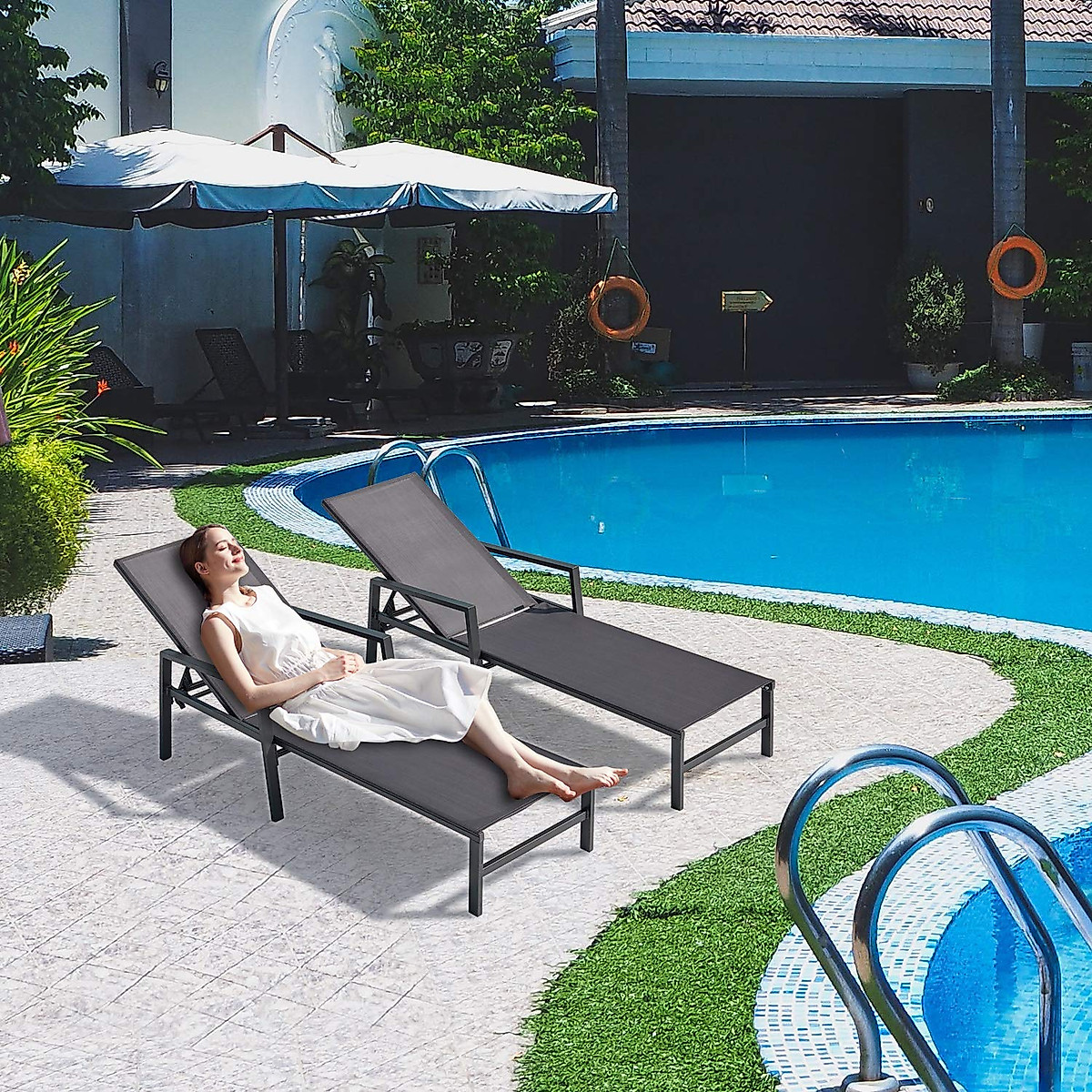 SUMETURE Aluminum Chaise Lounge Chairs Set of 2,5 Adjustable Outdoor Lounge Chaise Chairs,Patio Chaise Lounge with Armrests, Outdoor Patio Lounge Chair for Beach Poolside,Balcony,Lawn,Yard(Grey)