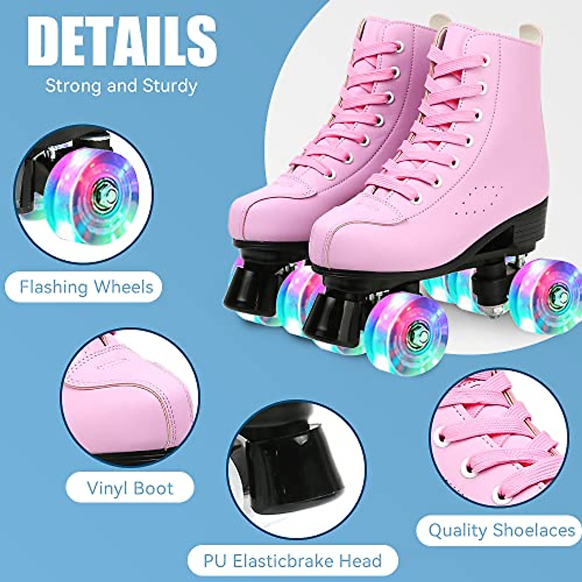 Women's Roller Skates PU Leather High-top Roller Skates Four-Wheel Roller Skates Double Row Shiny Roller Skates for Indoor Outdoor (Pink flash,40-US: 8.5)