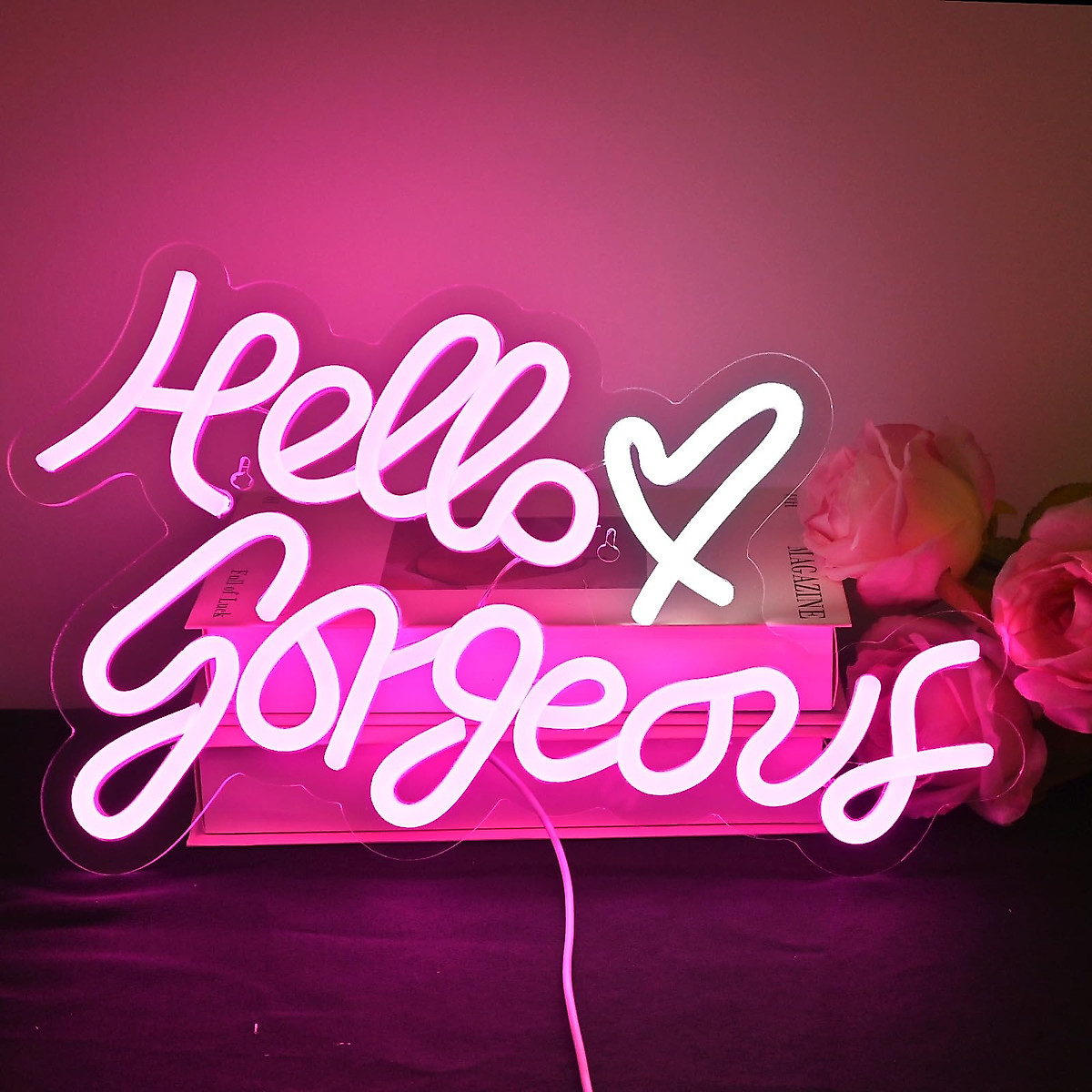 ineonlife Pink Hello Gorgeous Neon Signs, LED Light Up Sign for Cute Girls Bedroom Room Wall Decor for Bachelorette Birthday Engagement Party Wedding Decoration with Switch (16.5"X10" / USB POWER) (Pink)
