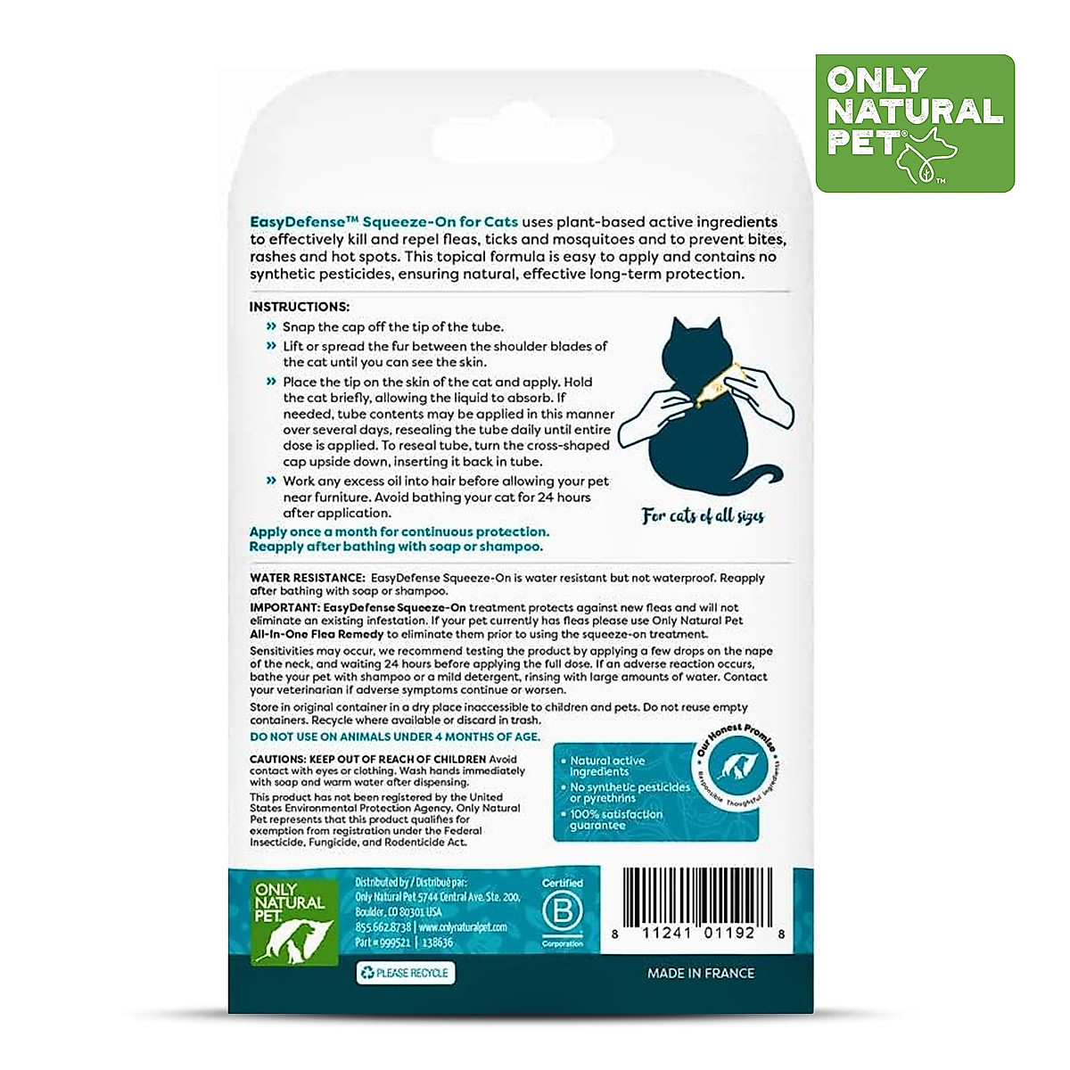 Only Natural Pet Flea and Tick Prevention for Cats - EasyDefense Flea Remedy - Natural Flea Control Squeeze-On Drops - Tick and Flea Protection - Three Months Supply (Single)