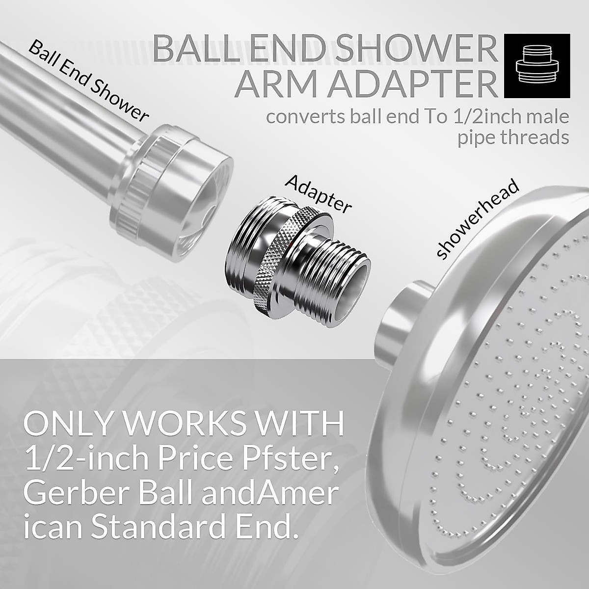 3 PCS Ball End Shower Head Swivel Ball Adapter Set,Old Style Heads to 1/2-Inch Male Pipe Thread