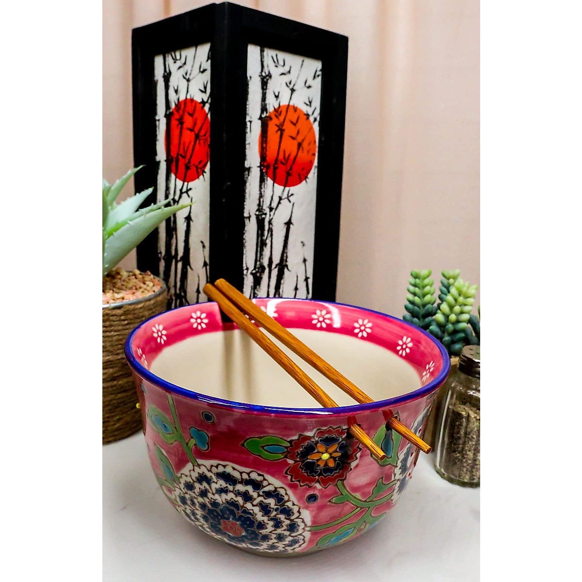 Ebros Mandala Floral Blooms With Pink Polkadot Art Splash Ramen Udon Noodles Large 6.25" Diameter Soup Bowl With Built In Rest and Bamboo Chopsticks Set for Rice Pasta Salad