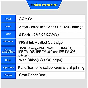 Aomya Compatible Canon PFI-120 Ink Cartridge Replacement for Canon imagePROGRAF iPF TM-Series TM-200 TM-300 TM-305 TM-205 (2 Matte Black, 1 Black, 1 Cyan, 1 Magenta, 1 Yellow, 6-Pack)