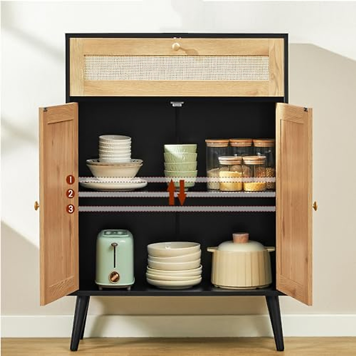 Iwell Storage Cabinet with Adjustable Shelf, Rattan Cabinet with Large Drawer, Accent Cabinet for Dining Room, Entryway, Living Room, Black