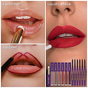 UCANBE 13pcs Lady's Night Lipstick Makeup Set, 6 Velvety Matte Liquid Lipsticks + 6 Matching Smooth Lipliner Pencil + 1 Moisturizing Lip Gloss Primer, Waterproof Long Lasting Lip Make Up Gift Kit
