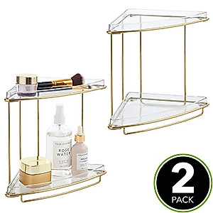 mDesign Steel/Plastic Freestanding Countertop Corner Shelf Organizer with 2-Tier Storage for Bathroom, Vanity, Cabinet, Counter - Holds Makeup, Bath Gel - Prism Collection - 2 Pack - Clear/Soft Brass