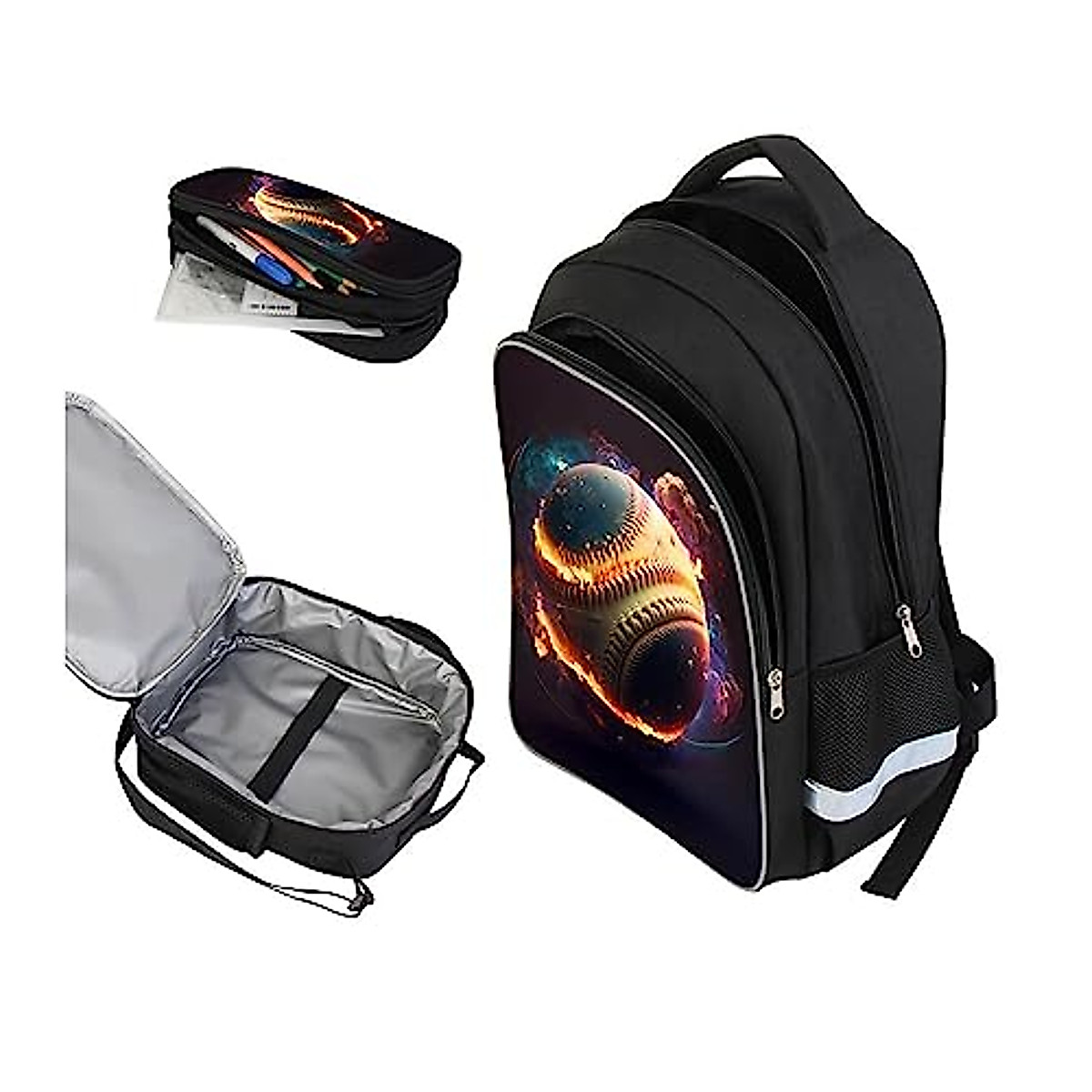AnySmic Baseball Backpack for School, Kids Bookbag Set with Lunch Box and Pencil Case for Boys, Girls