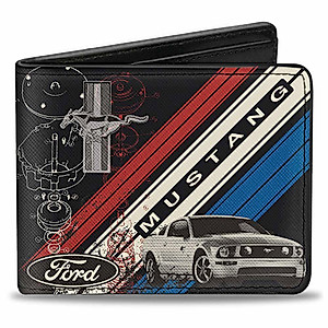 Buckle-Down Men's PU Bifold Wallet-Mustang Tri-Bar Logo/Diagonal Stripe/Blueprint Black/Red/White/Blue, Multicolor, 4.0" x 3.5"