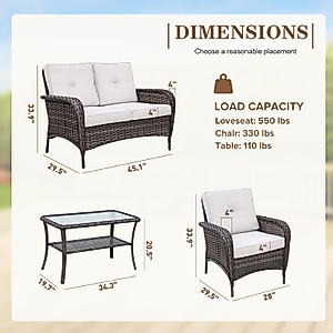 INTER HUT 4-Piece Outdoor Furniture Set - PE Rattan Wicker Loveseat, 2 Chairs, and Steel Table Conversation Set for Patio, Backyard, Poolside and Lawn