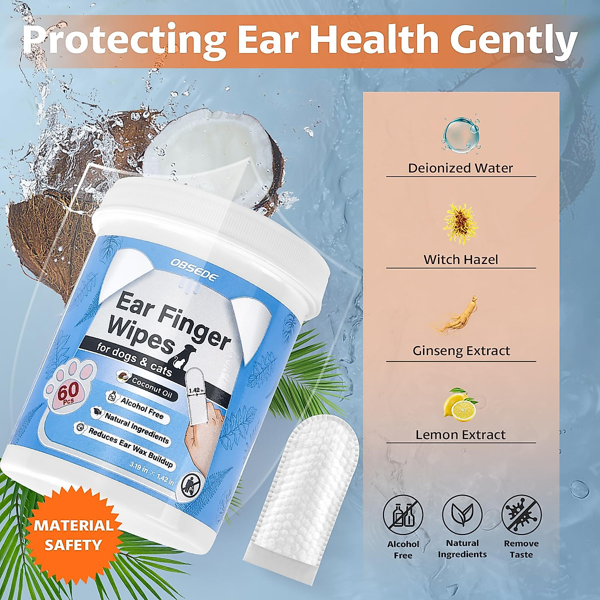 OBSEDE Ear Cleaner Finger Wipes, Grooming Kit Care for Dogs and Cats Regular Soothing Odor Control Reduce Dirt Wax Build Up Pet Supplies Easy to Use Fresh Coconut Scent, 60 Count